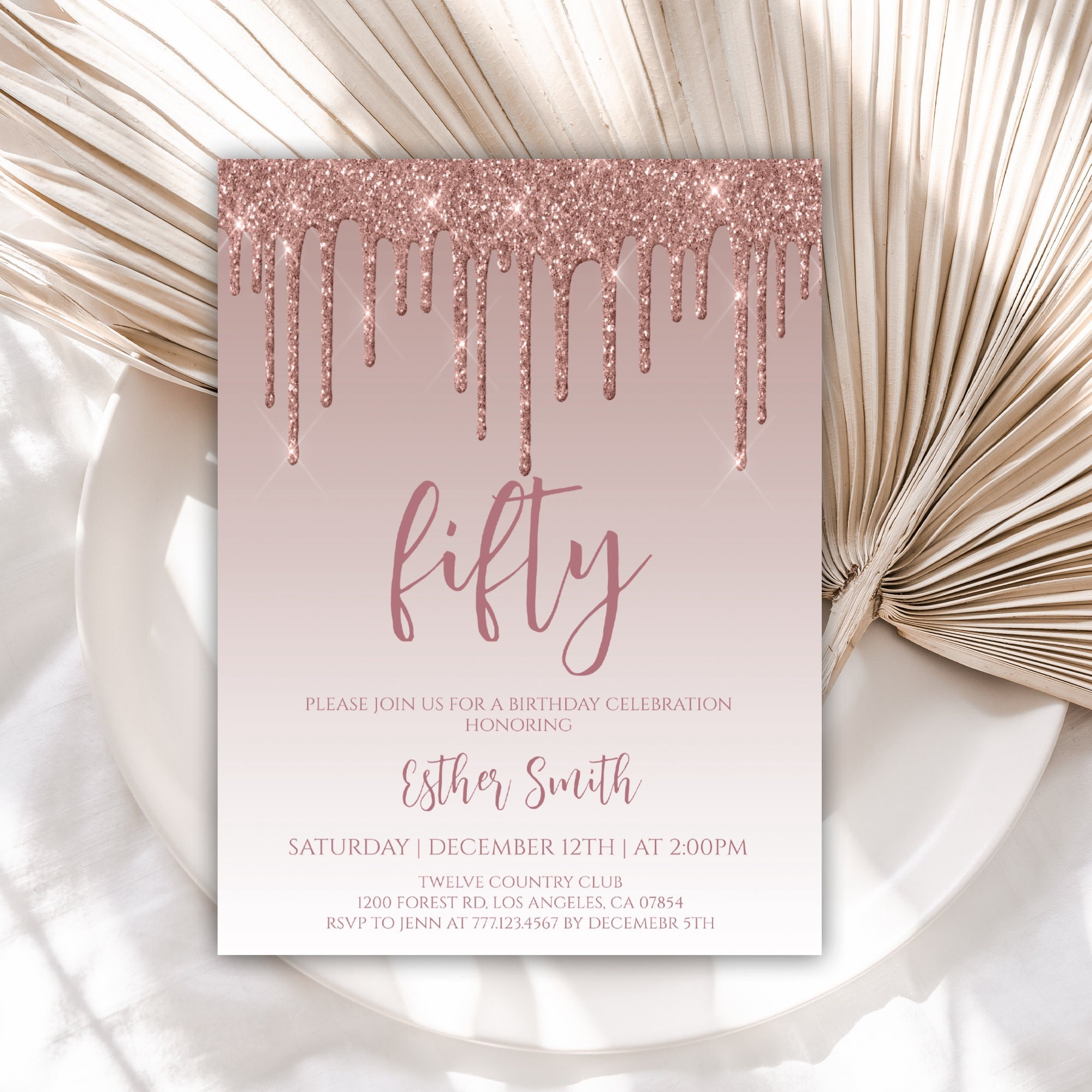 50th Birthday Invitation for Women Rose Gold Birthday - Etsy