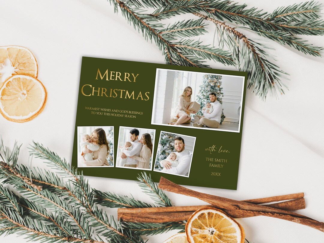 Editable Photo Christmas Card Template, Family Photo Christmas Card, Green and Gold Photo ...