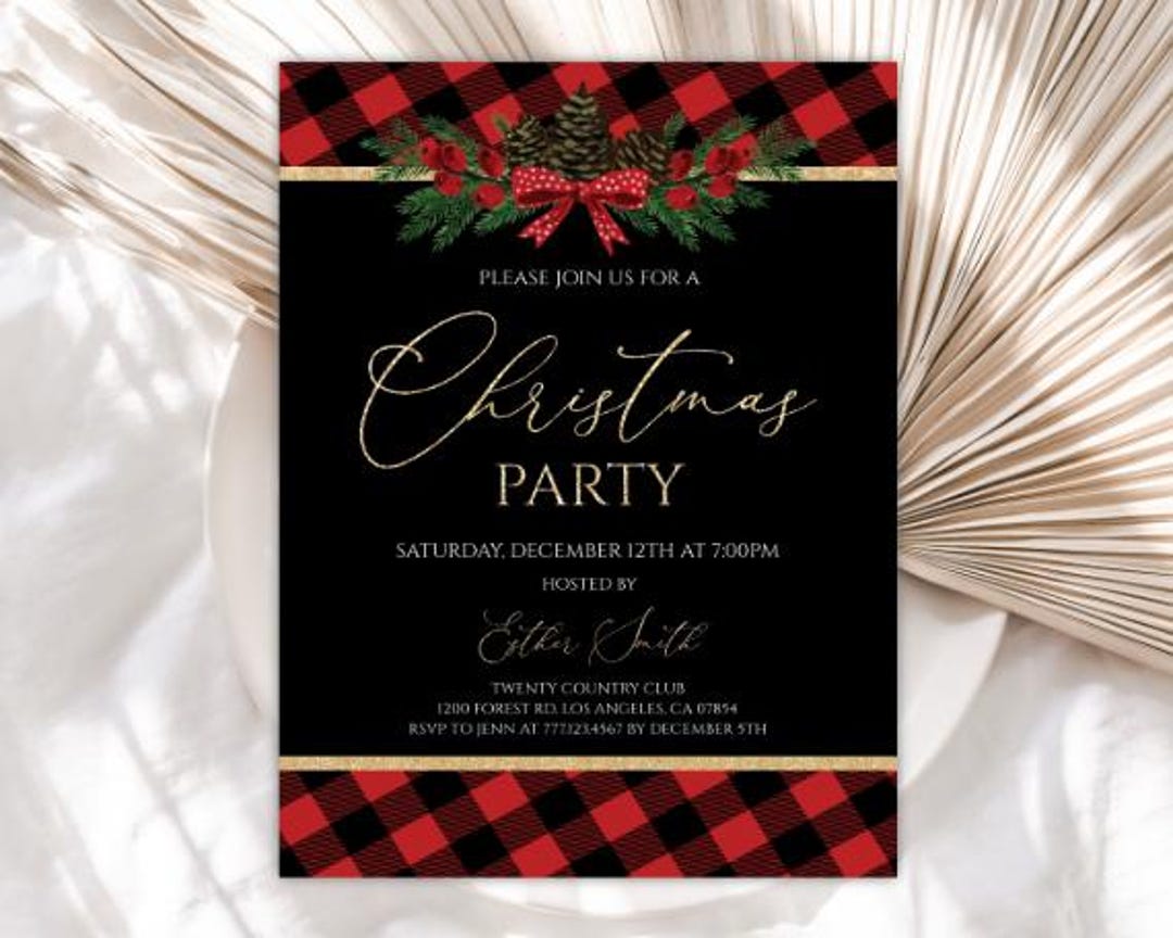 Editable Buffalo Plaid Christmas Invitation, Red Black Plaid Christmas ...