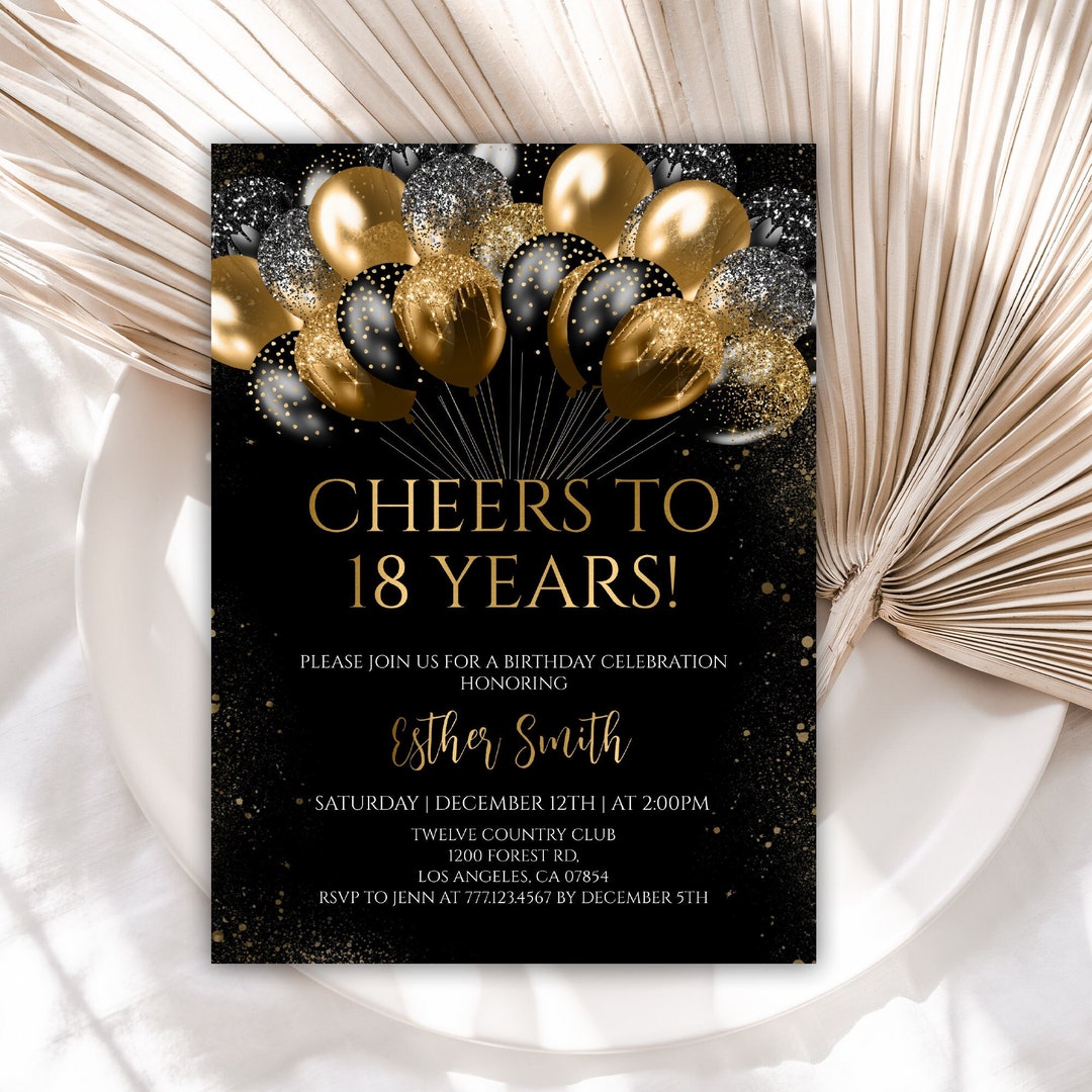 Editable 18th Birthday Invitation Template, Birthday Invitations, Black ...