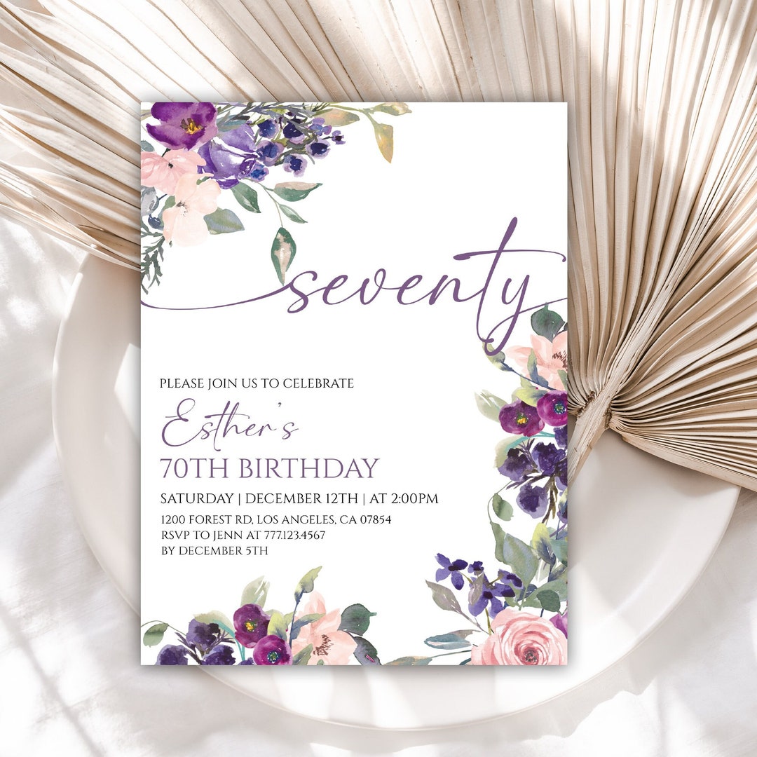 Editable 70th Birthday Invitation, Purple Floral Birthday Invitation ...