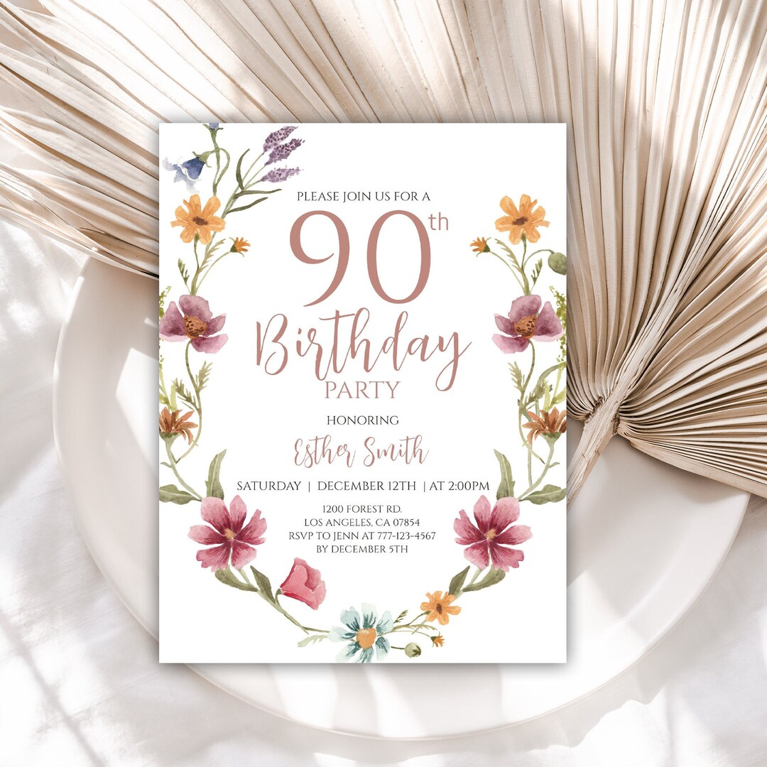 90th Birthday Invitation, Birthday Invitations, Wildflower Birthday ...