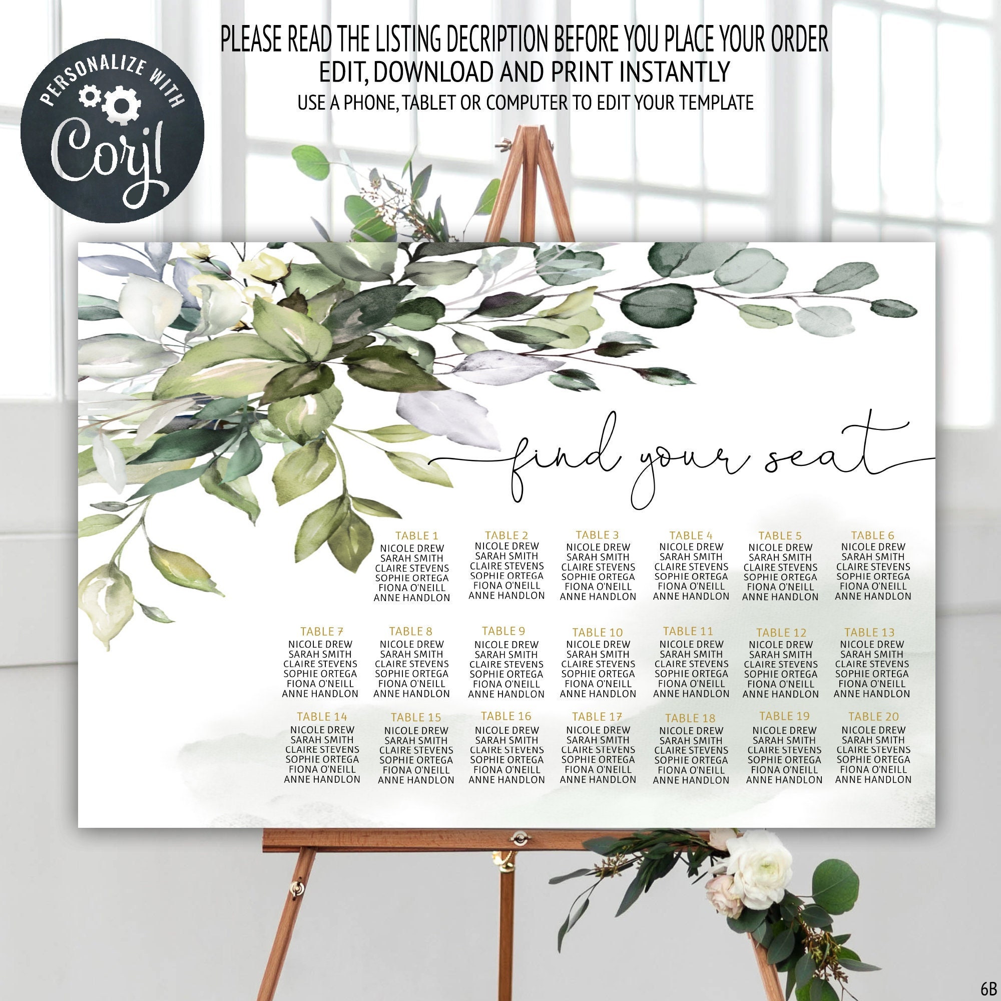 Eucalyptus Seating Chart Greenery Seating Chart Template - Etsy