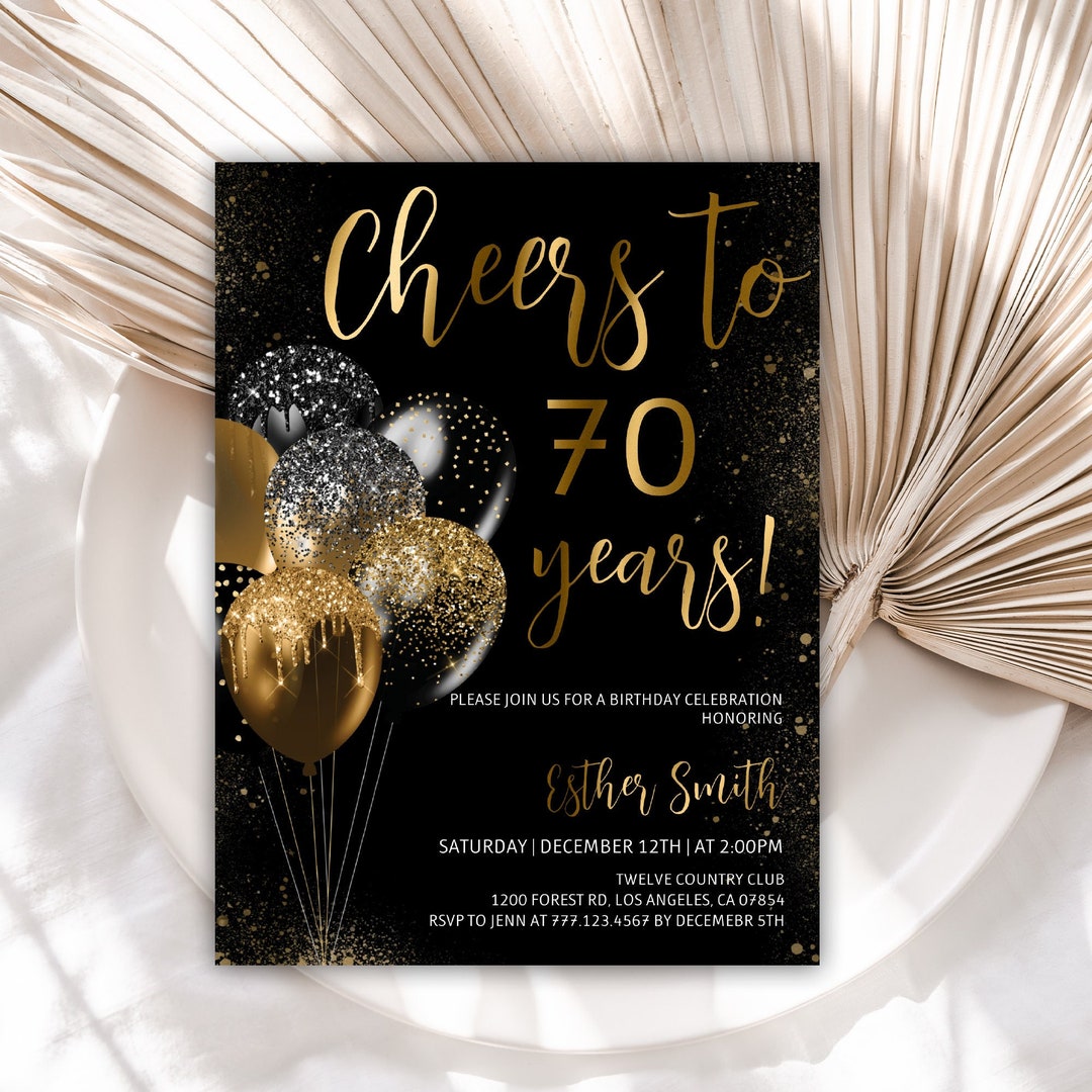 70th Birthday Invitation, Birthday Invitations, Black and Gold Glitter ...