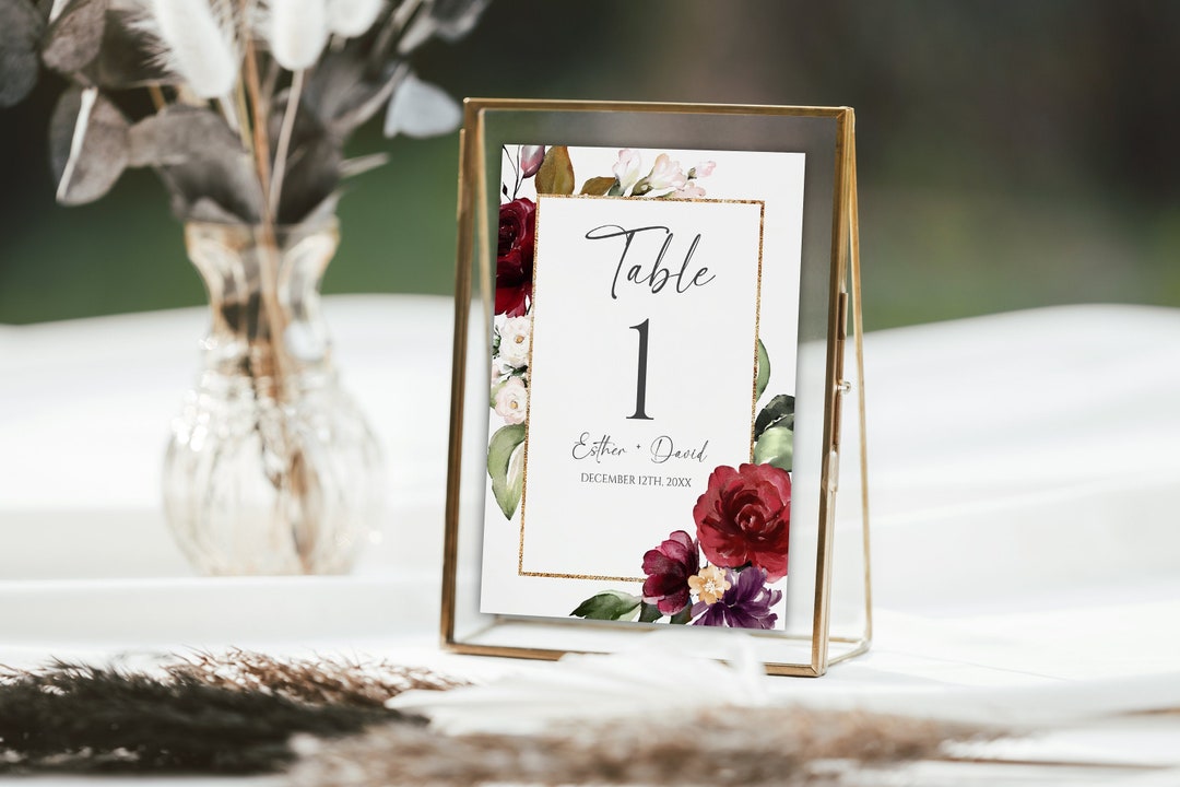 Editable Burgundy Wedding Table Numbers, Marsala Floral Table Numbers ...