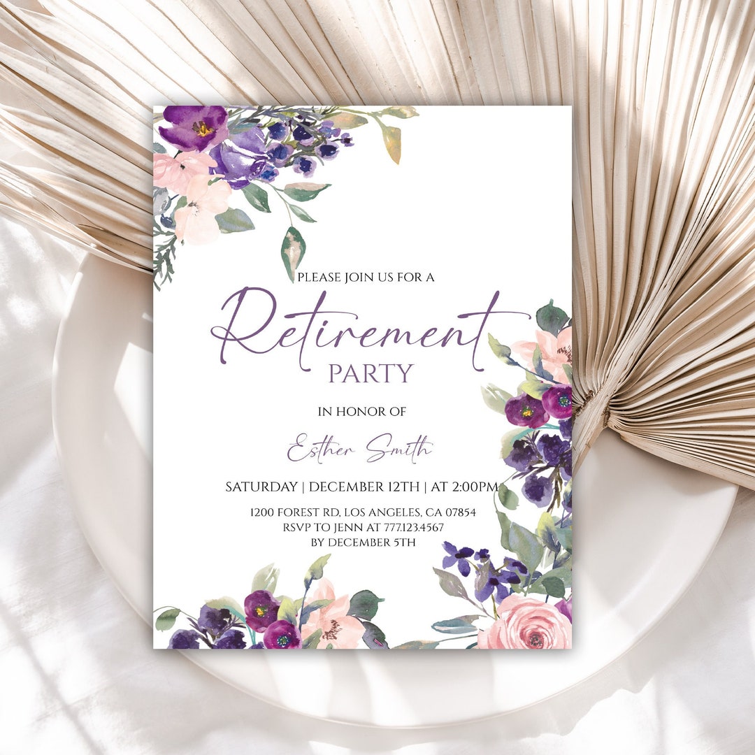 Editable Purple Floral Retirement Invitation, Lavender Flower ...