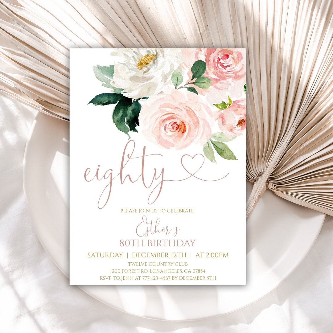 80th Birthday Invitation, Flower Birthday Party Invitations, Floral ...