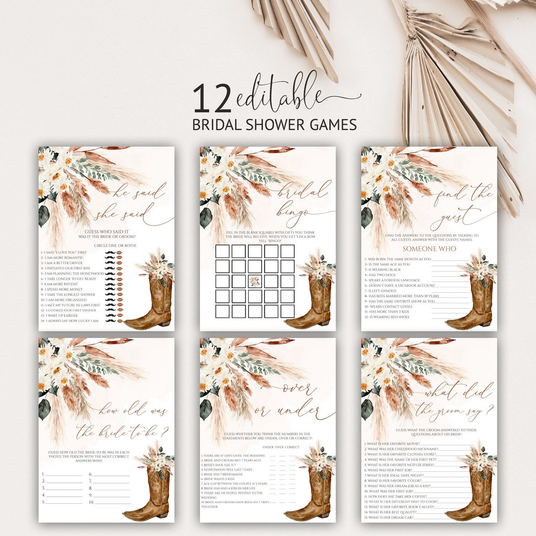 Editable Boho Bridal Shower Games Printable, Cowgirl Boots Wedding ...