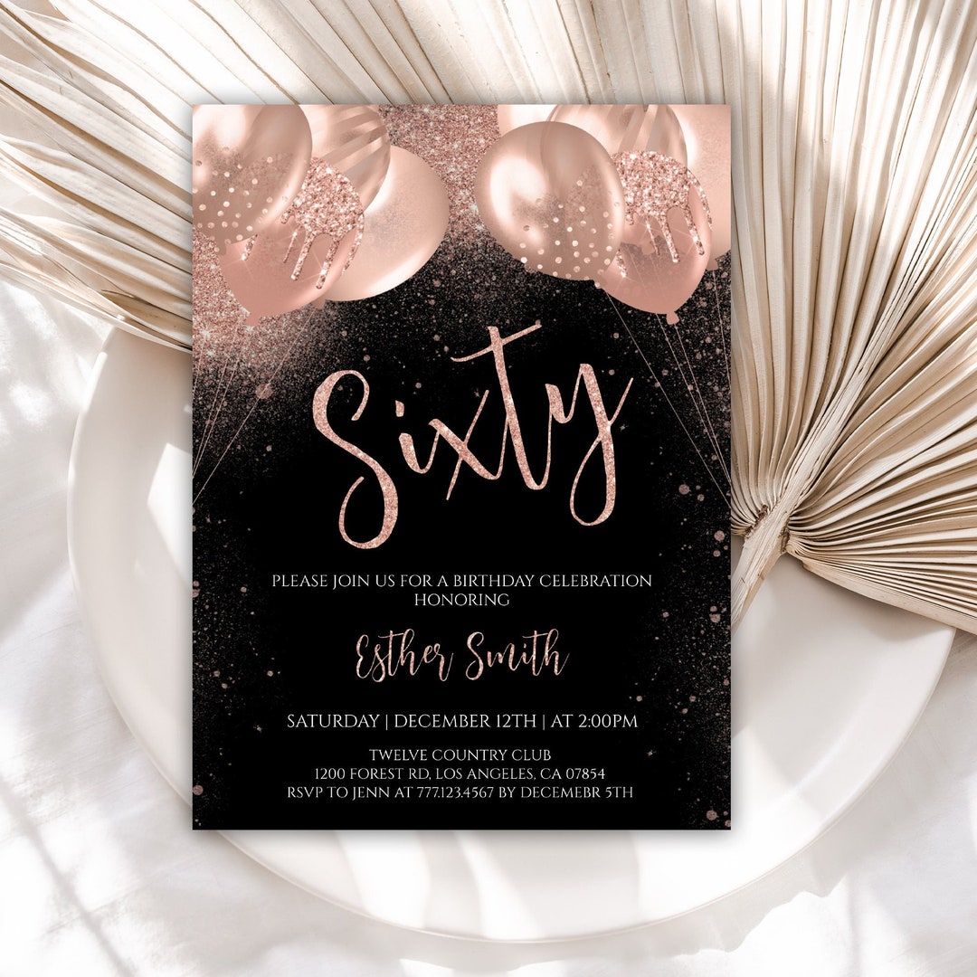 60th Birthday Invitation, Rose Gold Birthday Invitations, Birthday ...