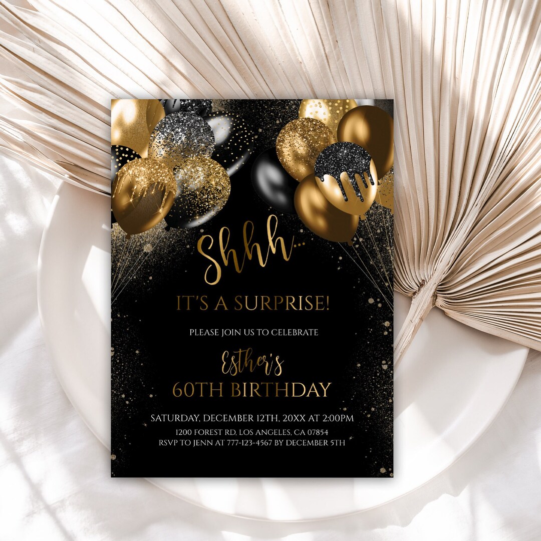 Surprise 60th Birthday Invitation, Black and Gold Birthday Invitation ...