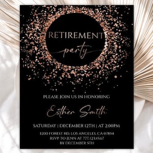 Editable Rose Gold Retirement Invitation, Rose Gold Glitter Retirement ...