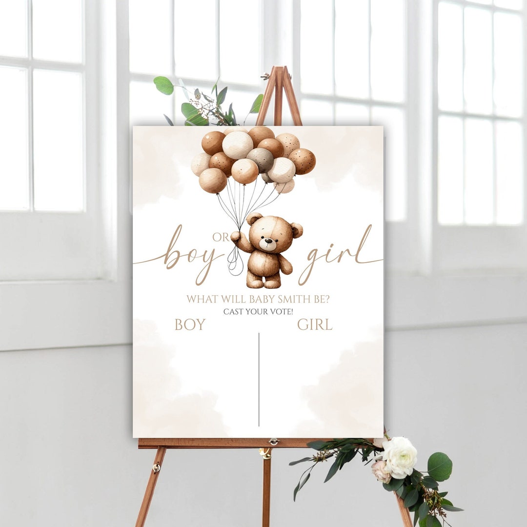 Editable Bear Balloons Gender Reveal Voting Sign, Teddy Bear Gender ...