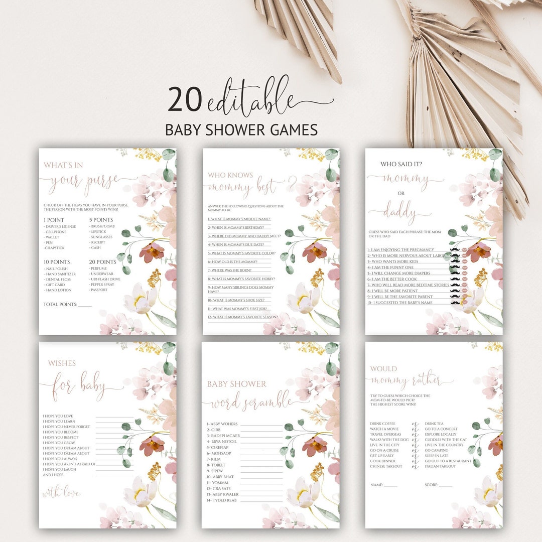 Editable Floral Baby Shower Games, Wildflower Baby Shower Games, Girl ...