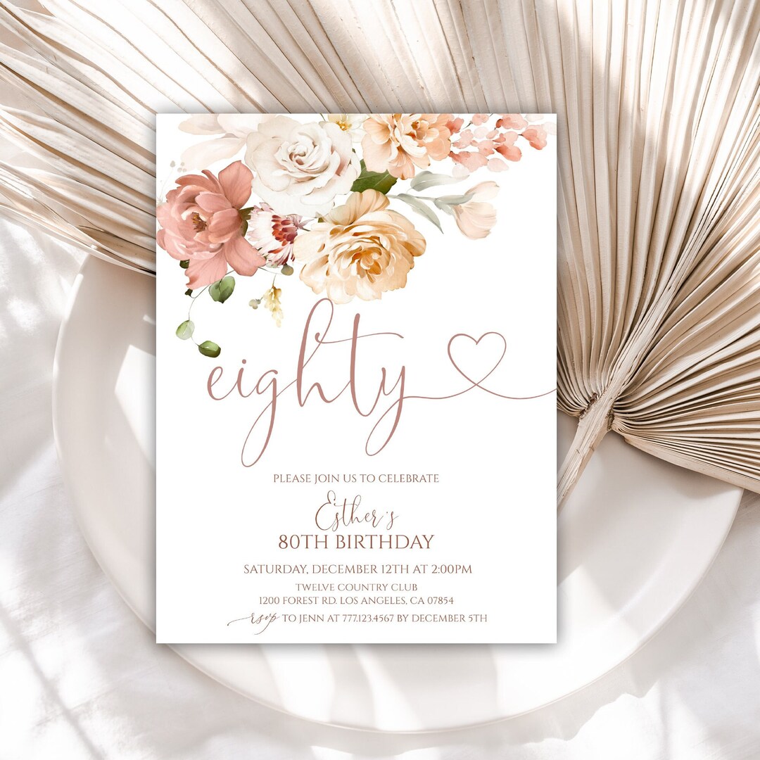 80th Birthday Invitation, Birthday Party Invitations for Women, Floral ...