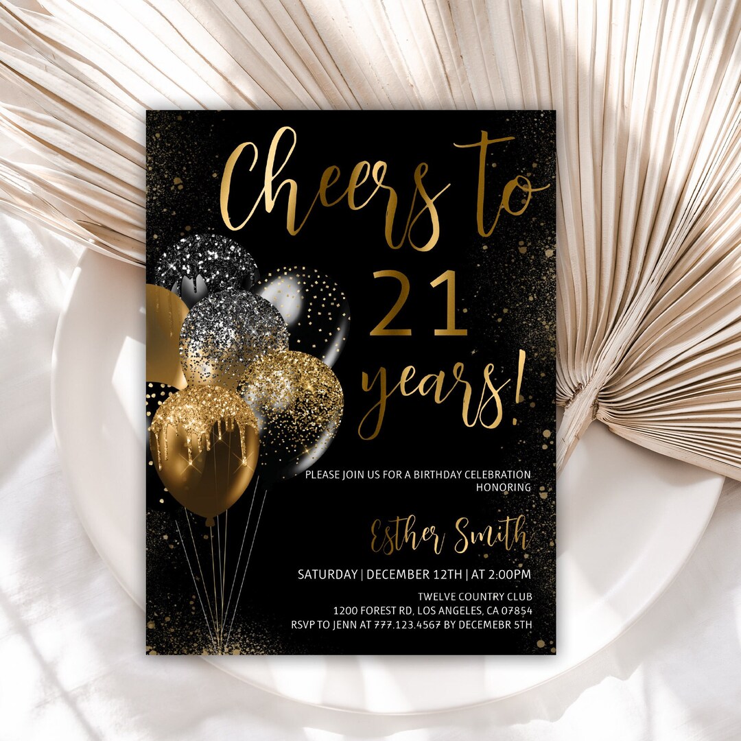 21st Birthday Invitation, Birthday Invitations, Black and Gold Glitter ...