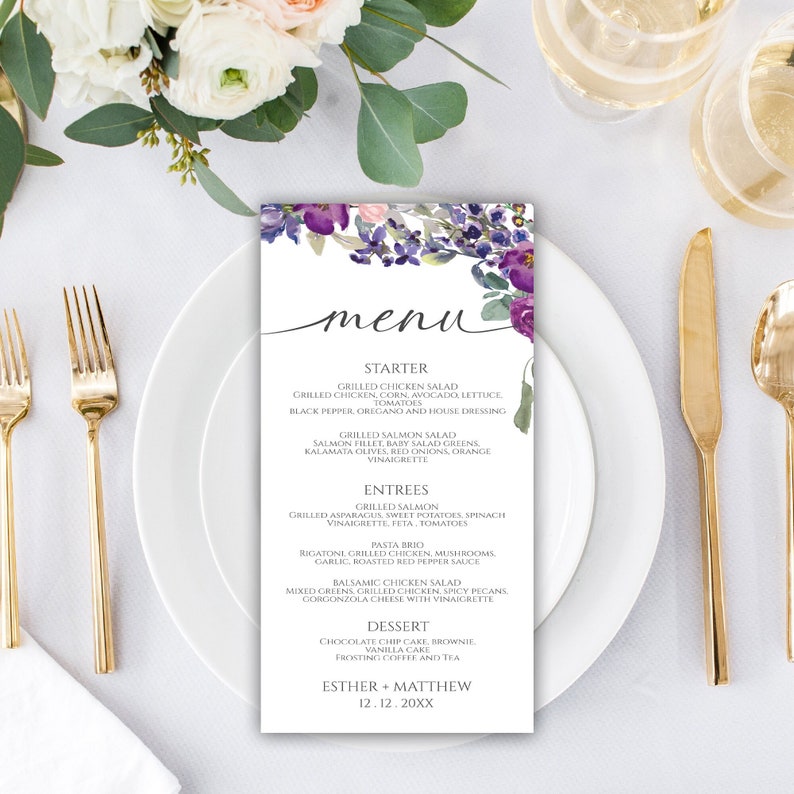 Editable Purple Floral Wedding Menu, Lavender Flower Wedding Menu ...
