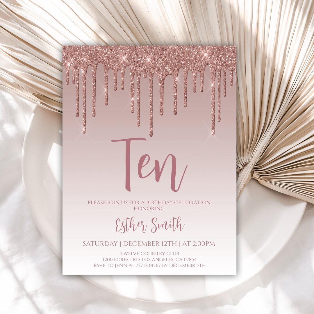 10th Birthday Invitation, Rose Gold Birthday Invitations, Kids Birthday ...