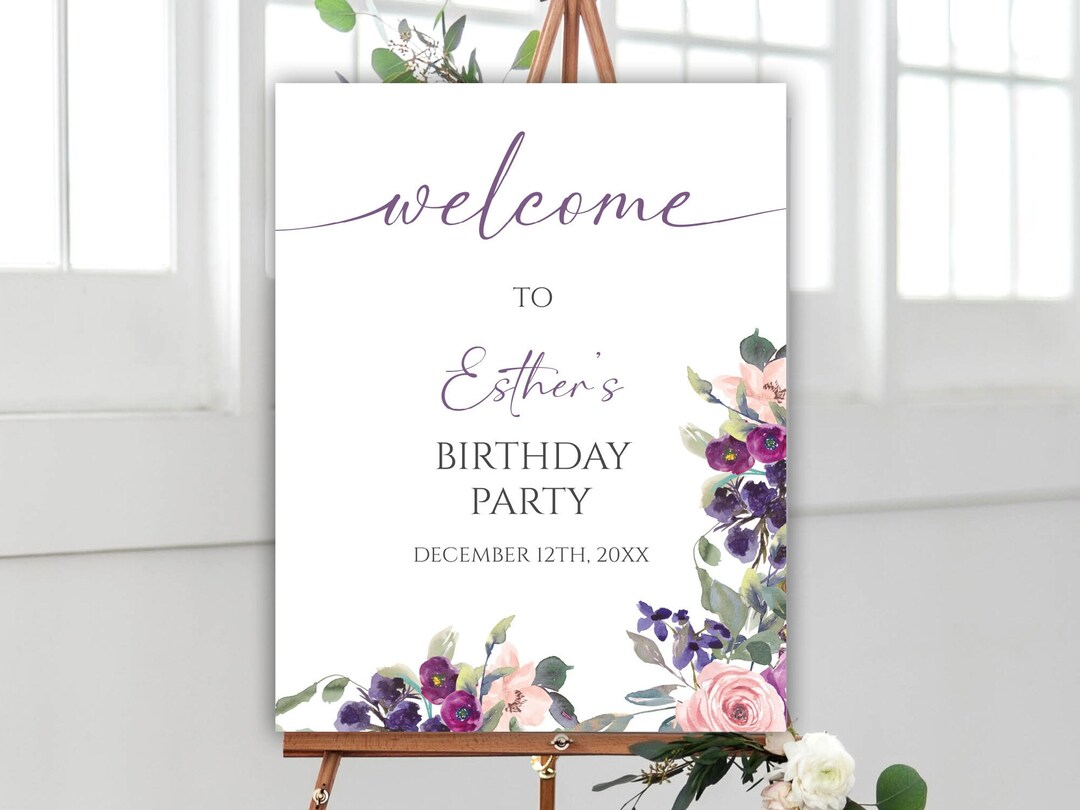 Editable Birthday Welcome Sign, Purple Floral Birthday Welcome Poster ...
