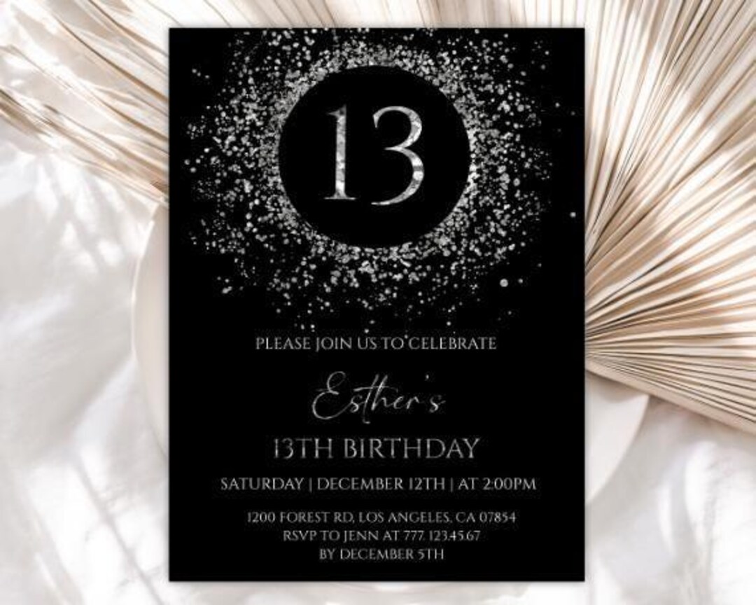 Editable Silver 13th Birthday Invitation, Silver Glitter Birthday ...