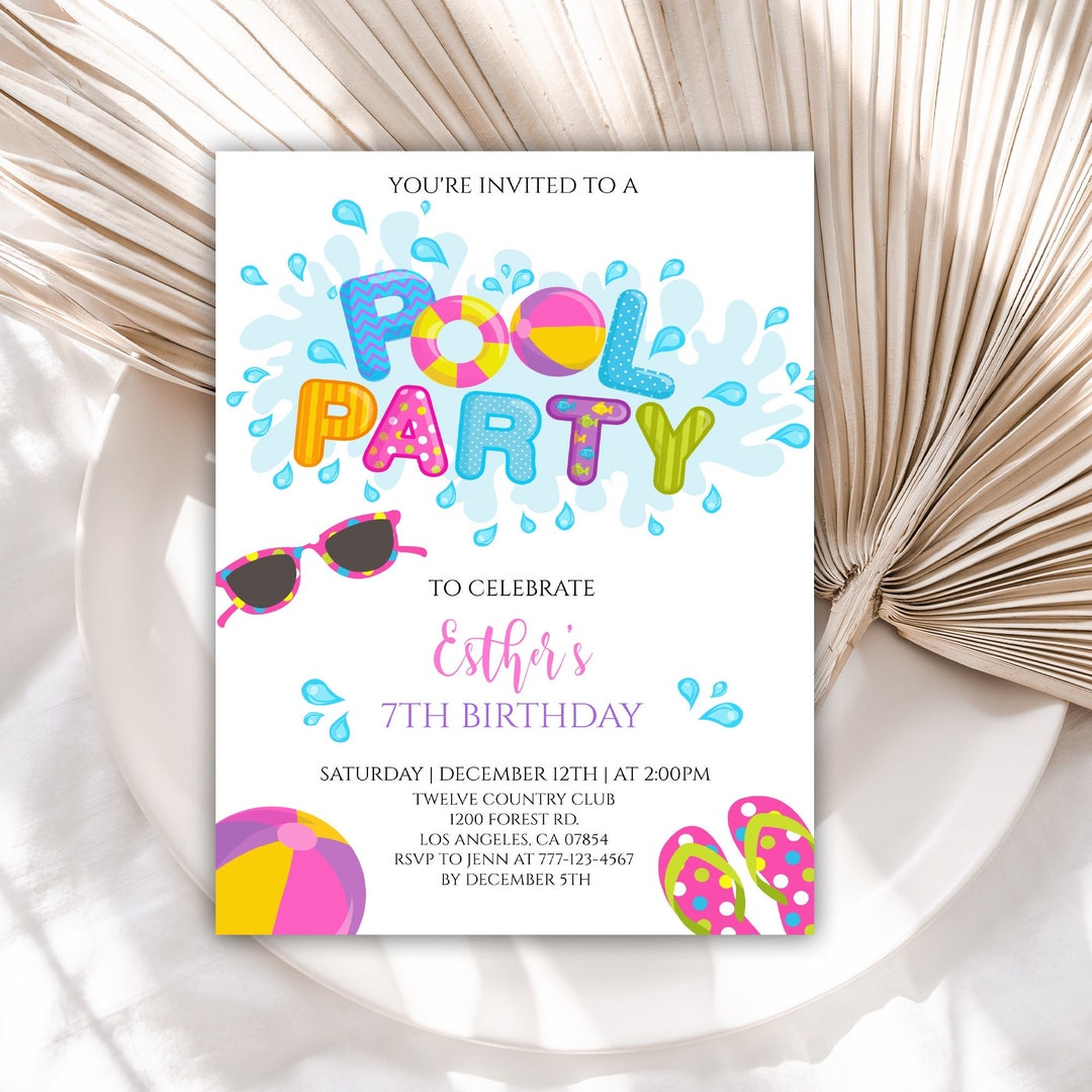 Printable Pool Party Invitation, Summer Swimming Pool Birthday Party ...