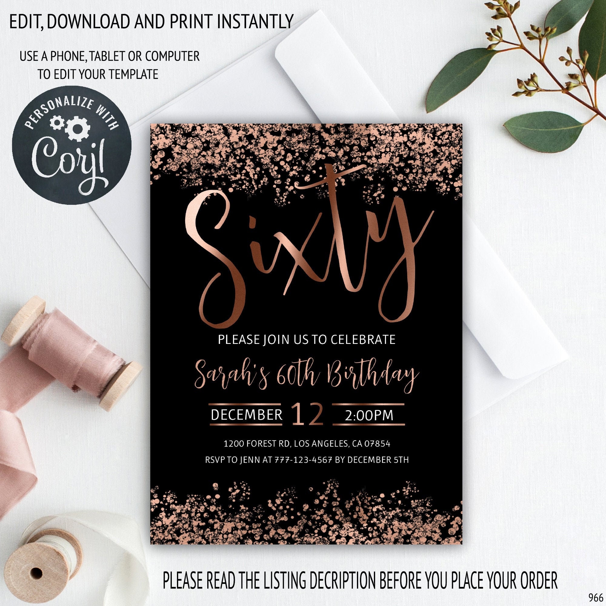 60th Birthday Invitation Rose Gold Birthday Invitation 60th - Etsy