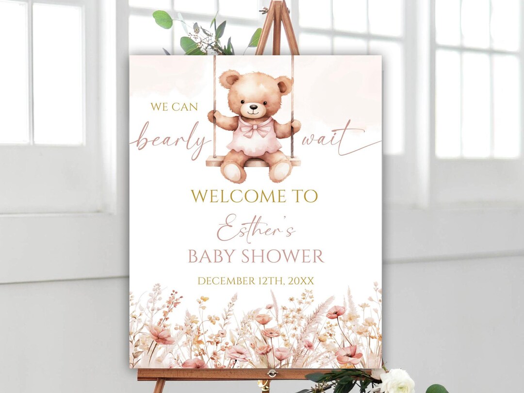 Editable Teddy Bear Baby Shower Welcome Sign, We Can Bearly Wait Baby ...