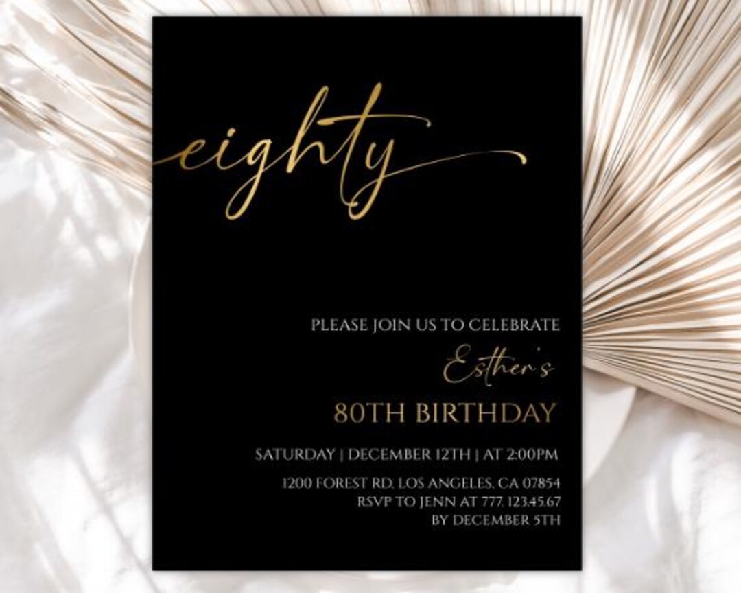 Editable Gold Minimalist 80th Birthday Invitation, Gold Birthday Invite ...