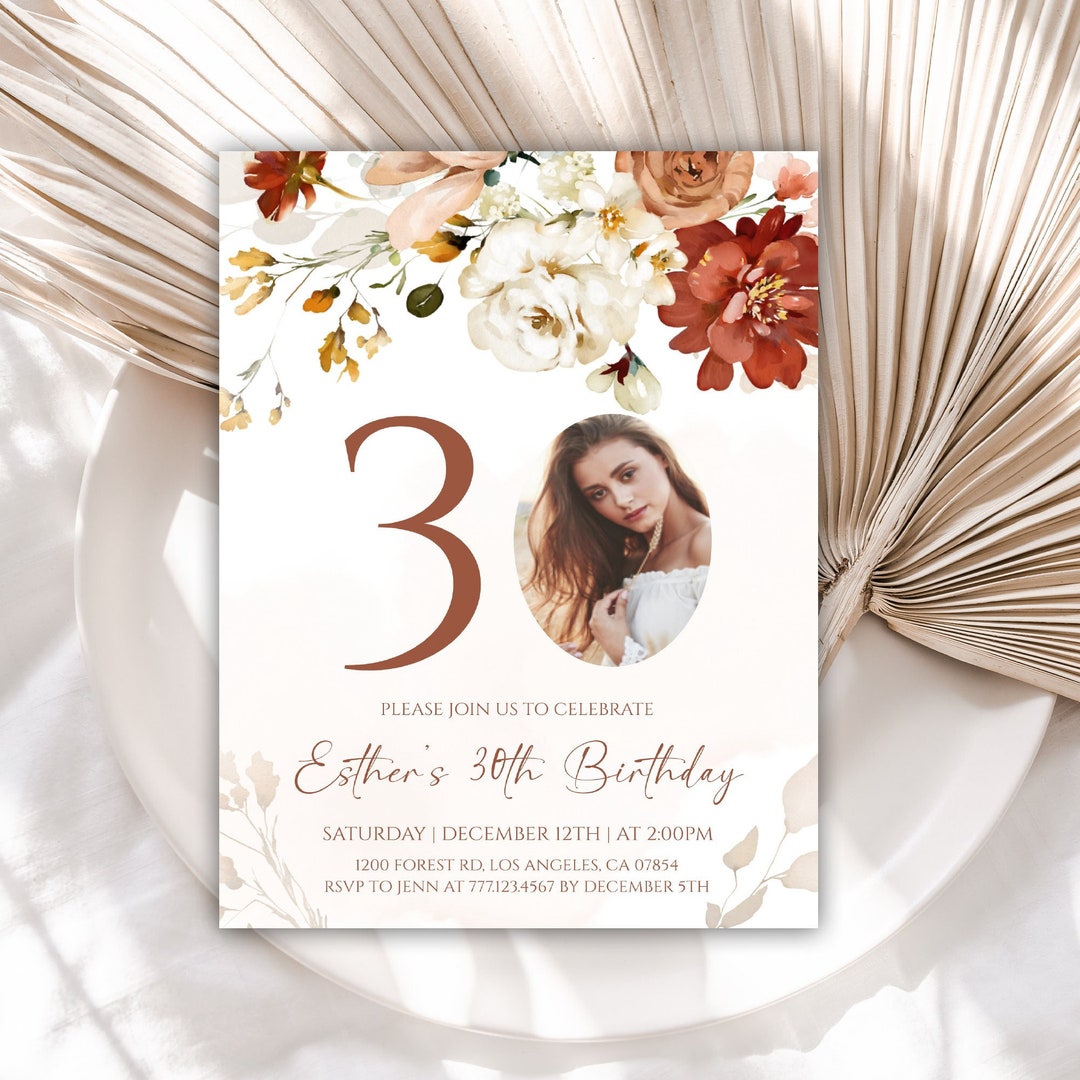 Editable 30th Birthday Invitation, Boho Floral Birthday Invitation for ...