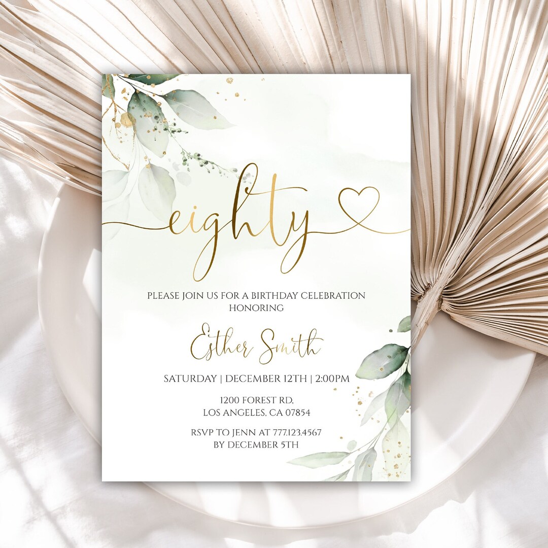 Editable 80th Birthday Invitation, Greenery Birthday Invitation for ...