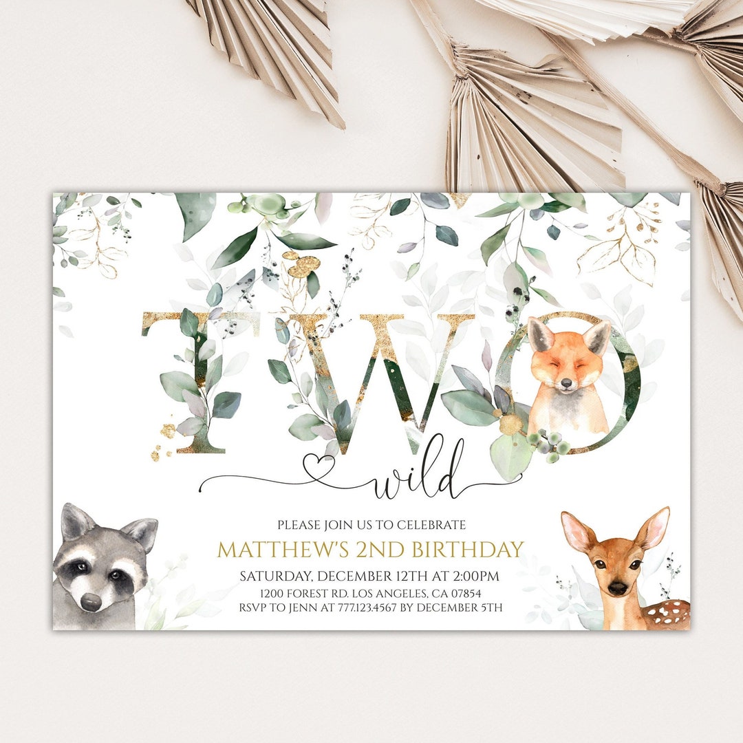 Two Wild Birthday Invitation Template, Woodland Animals 2nd Birthday ...