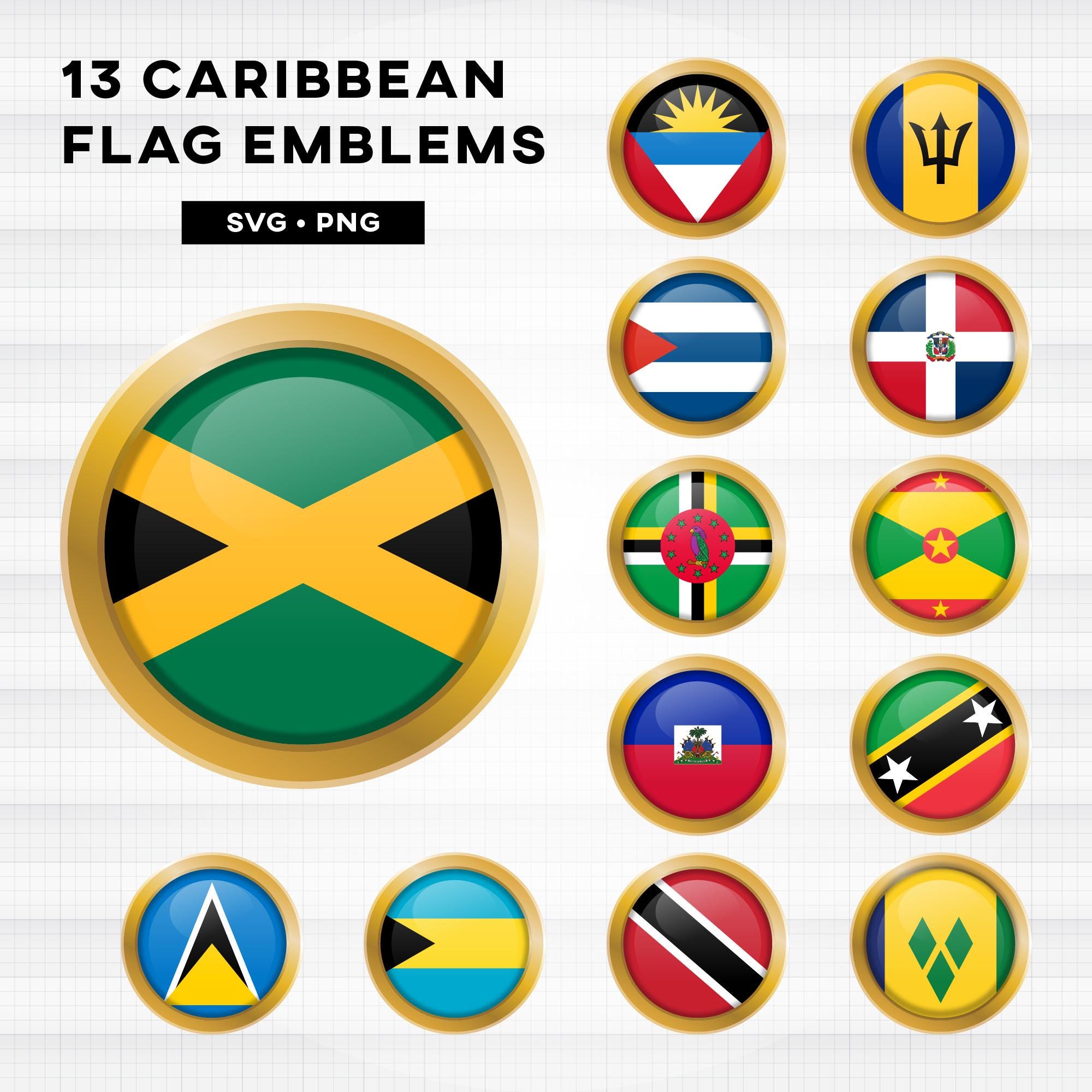 Caribbean Country Flags Bundle SVG PNG JPG Gold 3d Circle Button ...