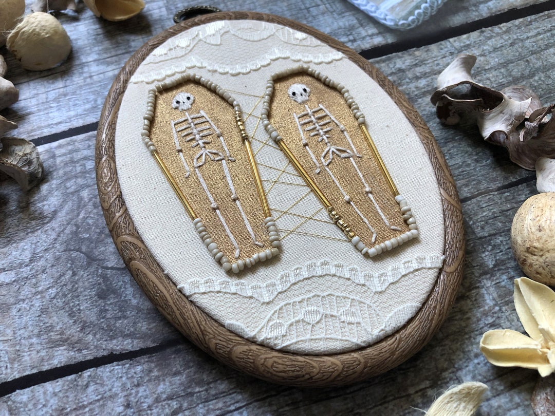 Gold Double Skeleton Coffin Embroidery: Memento Mori Lace Hoop (4 X 5.3 ...