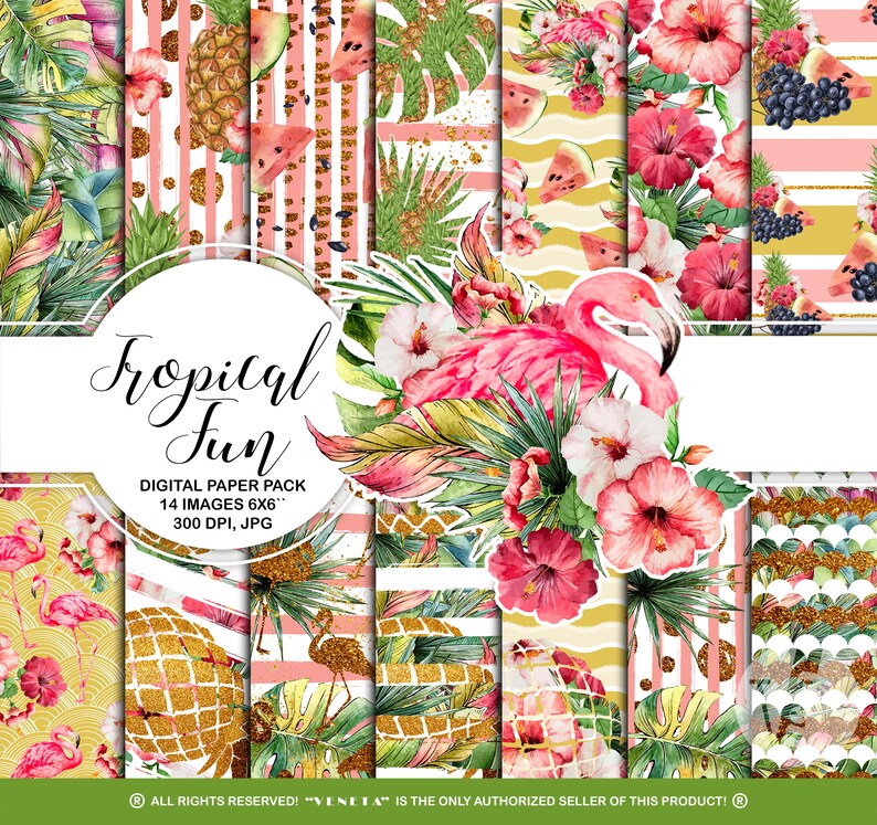 Tropical Fun Digital Paper Pack Aloha Hawaii Kit Printable Pink ...
