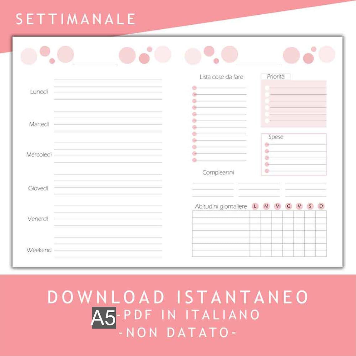 Planner settimanale stampabile, in italiano, tn inserts a5 - Etsy Italia