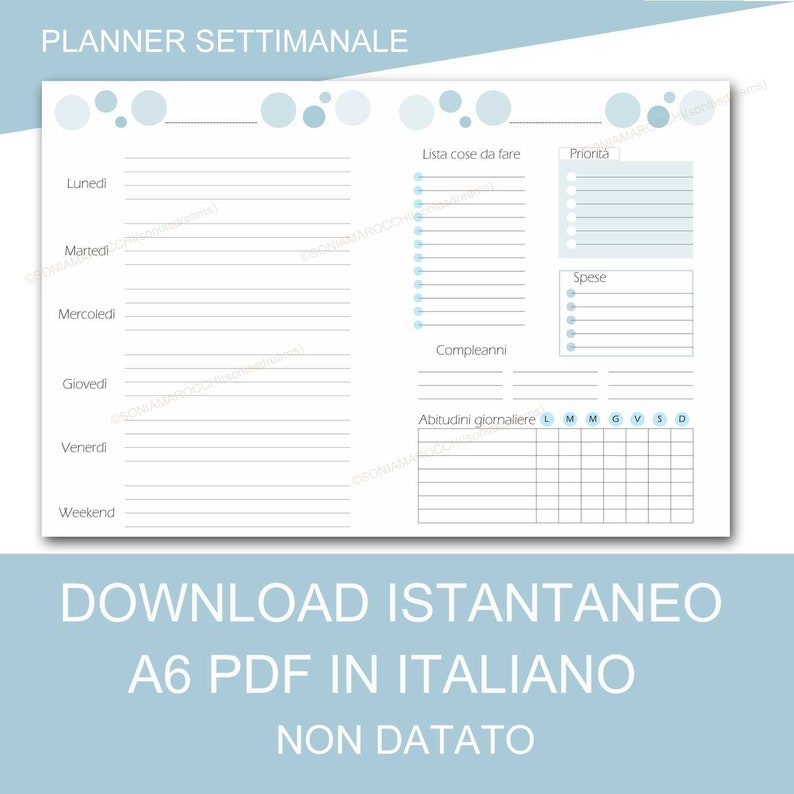 Italian Printable Weekly Planner, Tn Insert A6 With Blu Dot - Etsy