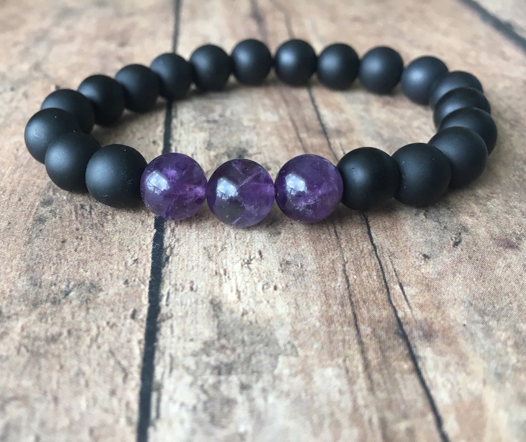 Matte Black Onyx Bracelet With Amethyst Accent Beads - Etsy