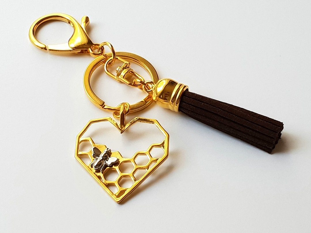 Bee Keychain, Honeycomb in Heart Shape With Bee Dark Brown Gold - Etsy