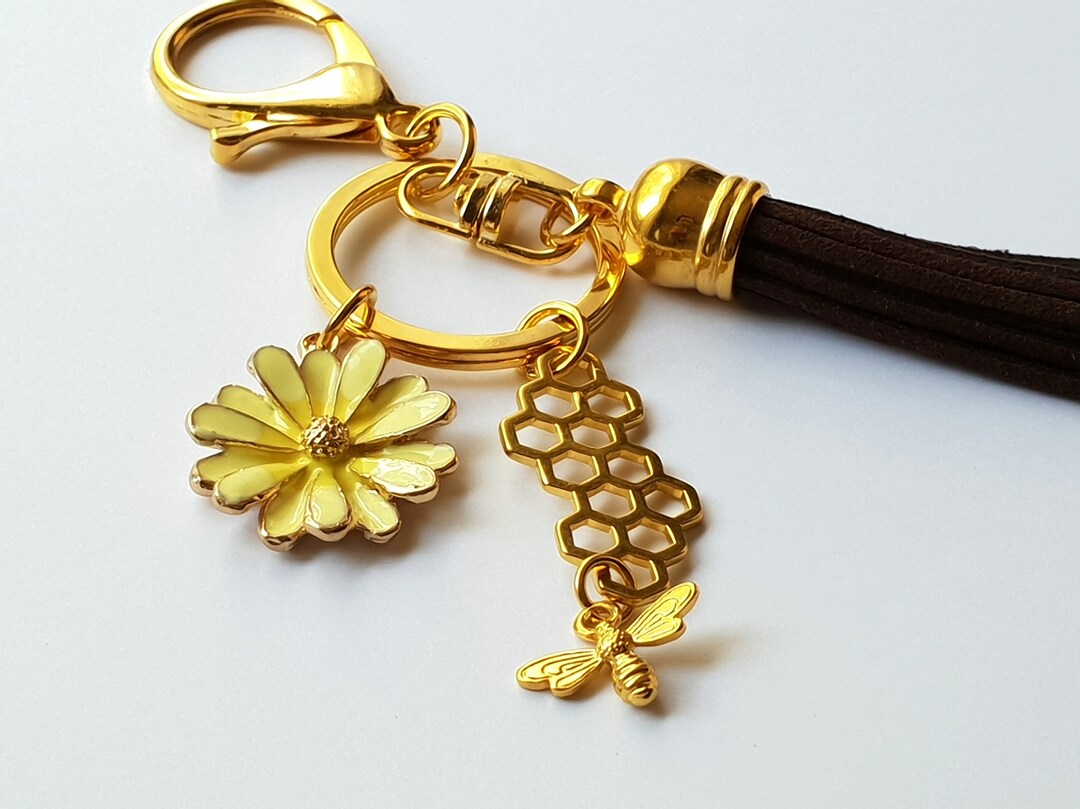 Bees Keychain Bag Charm Honeycomb With Bee and Flower Dark Brown Gold ...