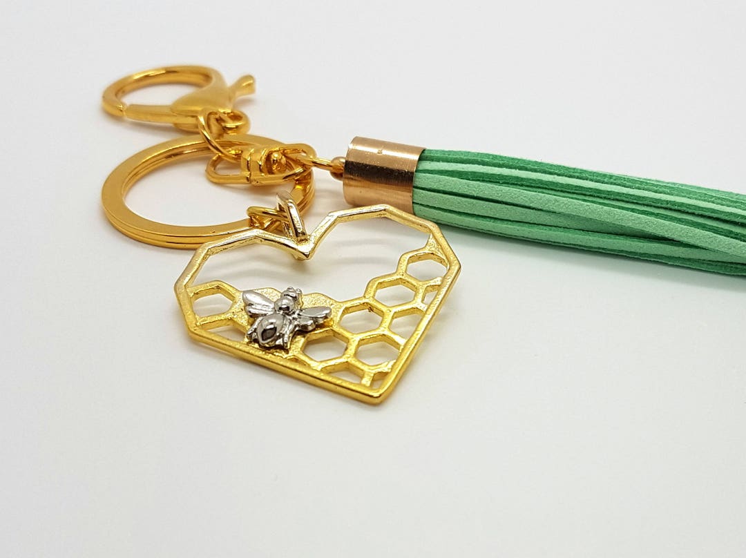 Keychain Honeycomb Heart Shaped Pocket Pendant With Bee Mint Gold ...