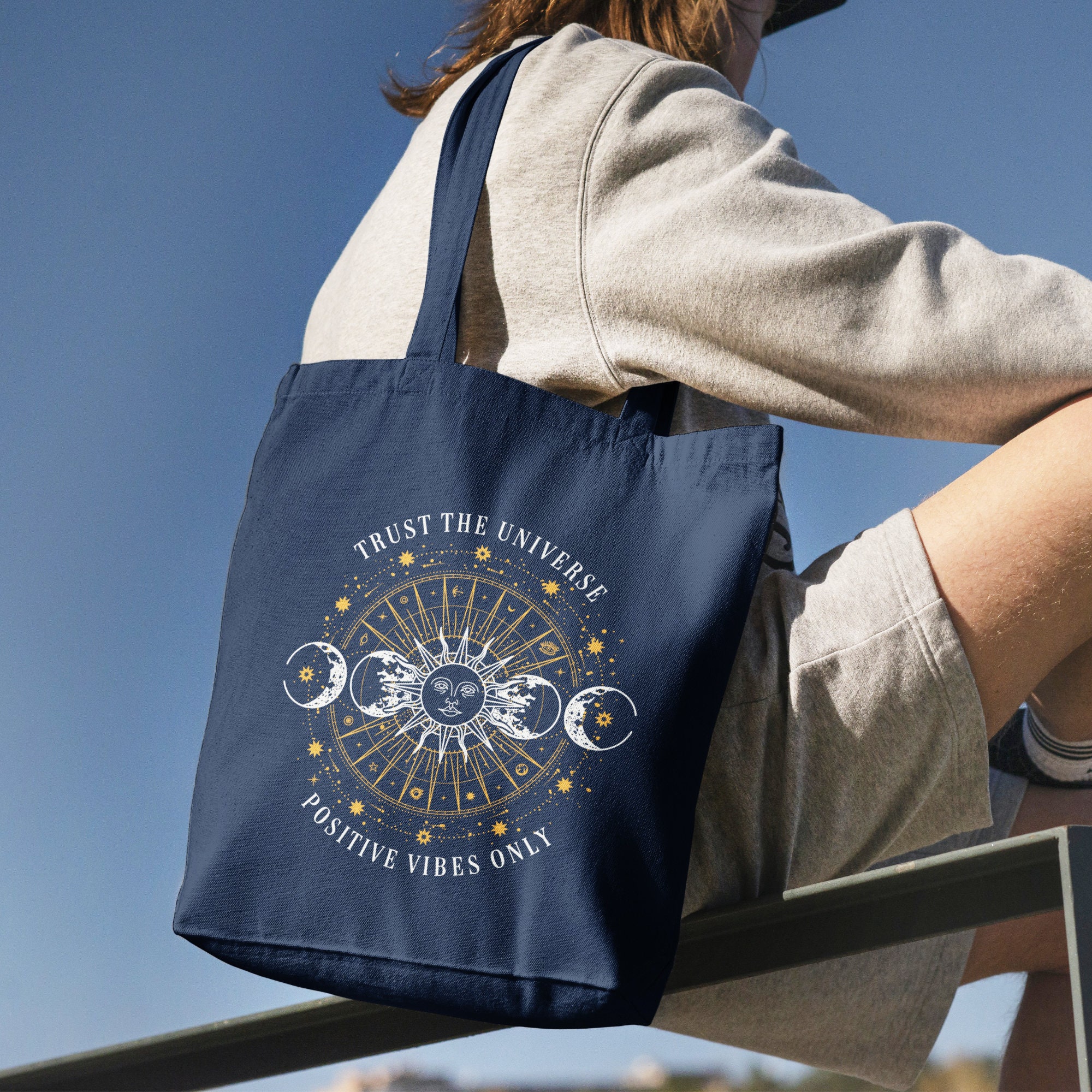 Boho Cotton Tote Bag With Sun, Moon and Star Print, Eco-friendly Jute ...