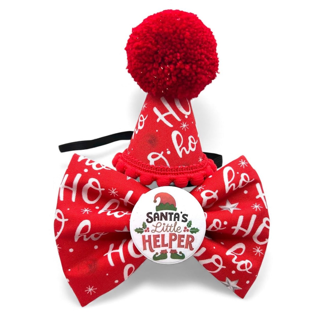 Santa’s Little Helper Badge Bow® and Hat Set | Funny Dog Xmas Outfit ...