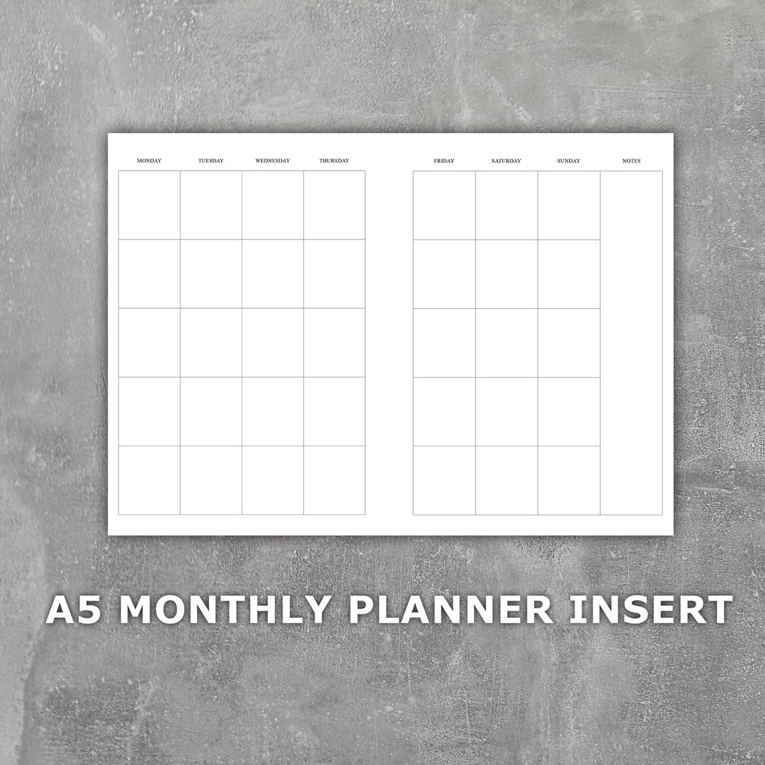 A5 Monthly Planner Printable Insert Neutral Undated Monday Start- Month ...