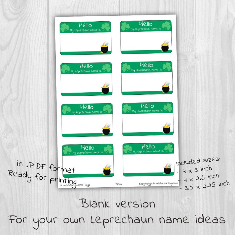 St Patrick's Day Leprechaun Name Tags Printable - Digital Downloadable ...
