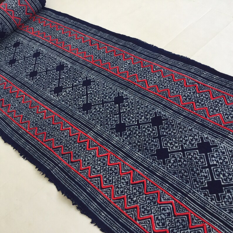2.40 Meters Long Red Line Handwoven Hmong Cotton Indigo Batik Fabric ...
