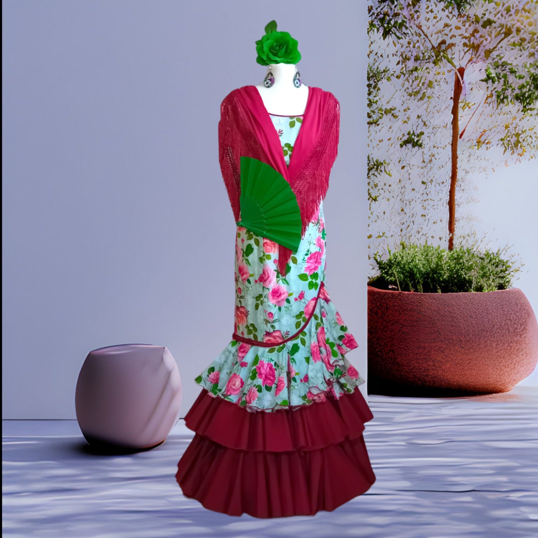 Authentic Spanish Floral Pink Burgundy Flamenco Dress, Ruffled Dress ...