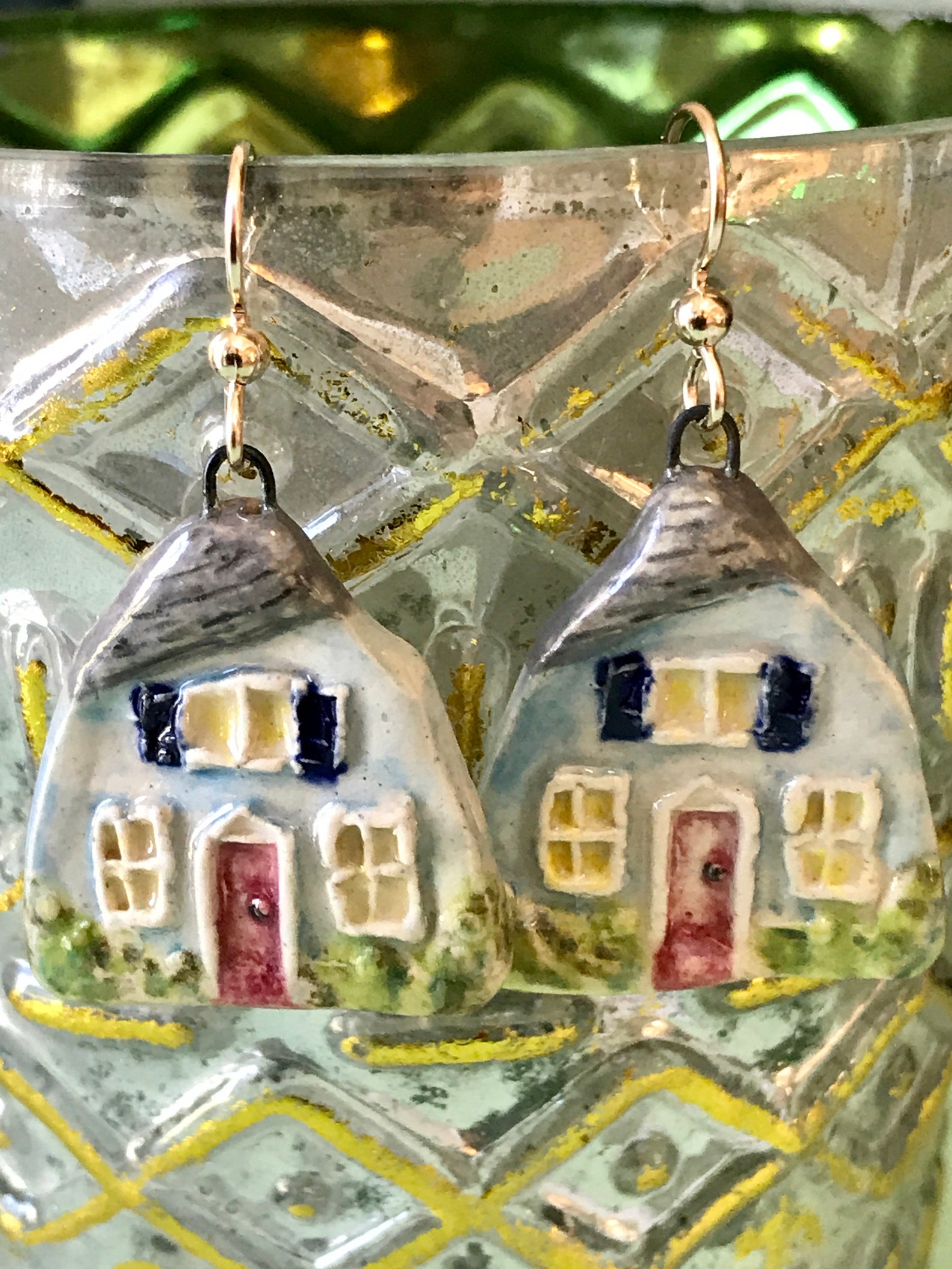 Blue Stoneware House Earrings: Handmade Ceramic Home on Gold-filled ...