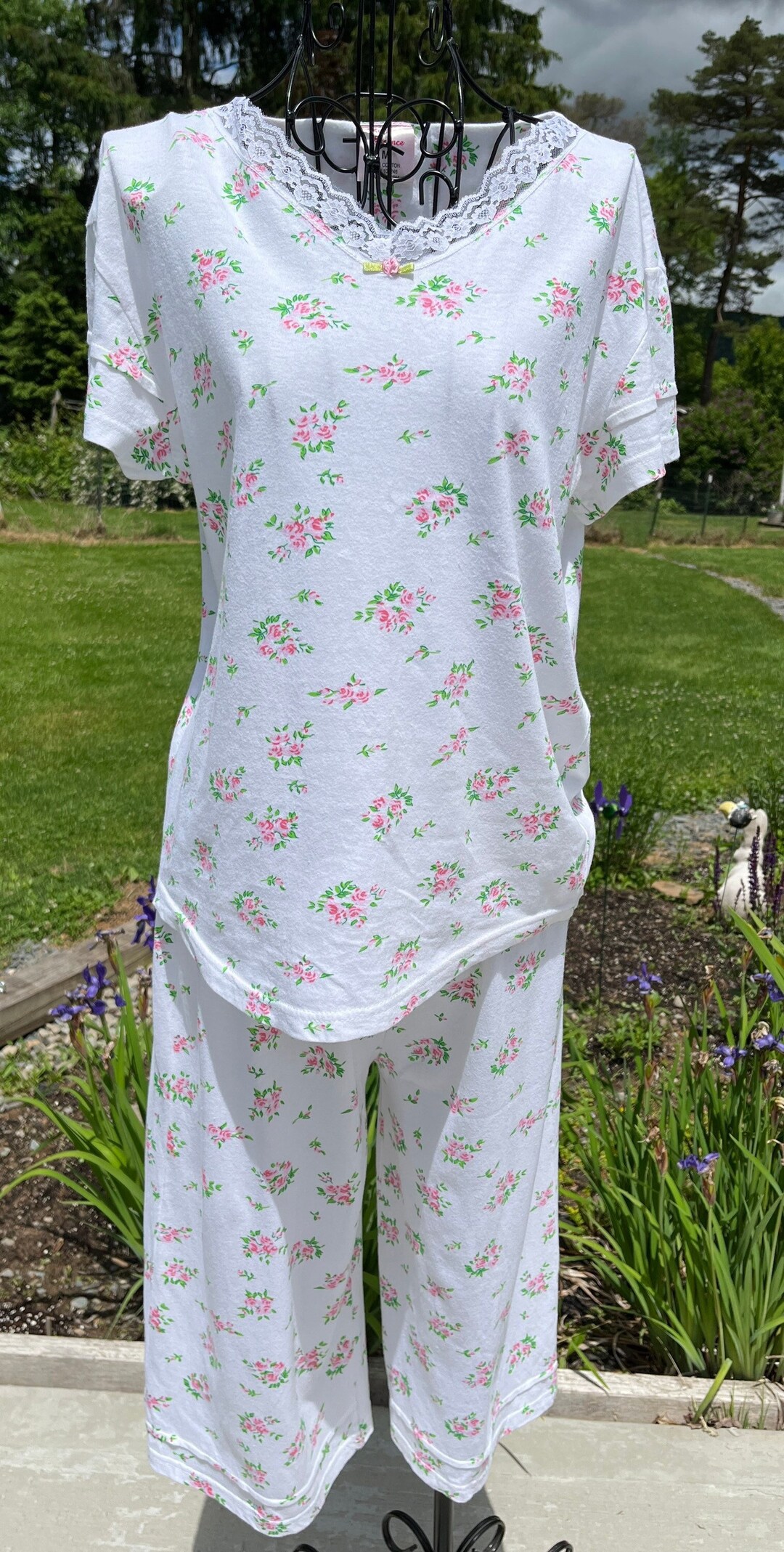 Pink Roses Cotton Pajamas Capris Set Medium Floral - Etsy