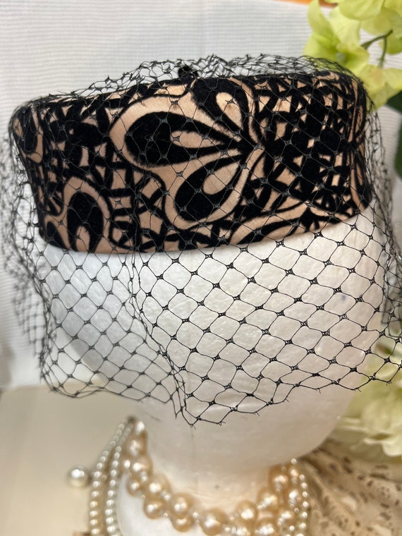 Vintage Black Velvet Damask Floral Cream Peachy Veil … - Gem