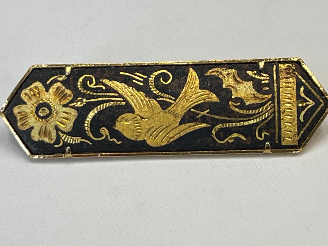 Vintage Damascene Bird Gold Tone Pin Brooch Trombone Latch - Etsy