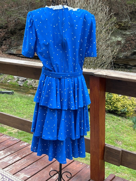 Vintage 1970/80's Blue Shirtwaist Dress Ruffles White… - Gem